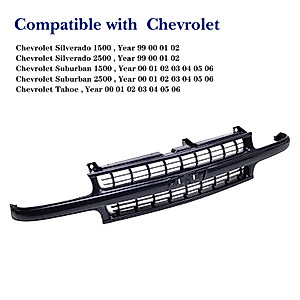 JustDrivably Front Grille Grill Assembly Black Compatible With Chevrolet Silverado 1500 2500 1999-2002 & Suburban 1500 2500 & Tahoe 2000-2006