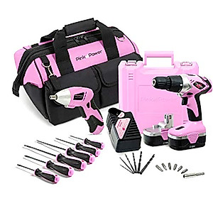 Pink Power Drill Set for Women - 18V Lightweight Pink Cordless Drill Driver & Electric Screwdriver Combo Kit with Tool Bag for Ladies Home Tool Kit - Wireless Pink Drill Set with Battery and Charger