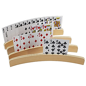 VINJOE Panorama Natural Wooden Curved Playing Card Holders Organizer Tray-Premium Solid Beechwood Playing Card Holders-Card Holder for Kids and Elder-Set of 4