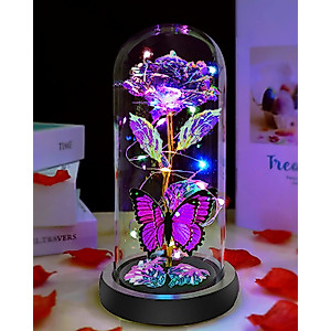 Mothers Day Flowers Gifts Mom, Rose Flower Mom Gifts Wife Grandma Her, Galaxy Crystal Light Up Rose Flowers in A Glass Dome Purple, Mother Day Presents from Daughter Butterfly Birthday Gifts for Women