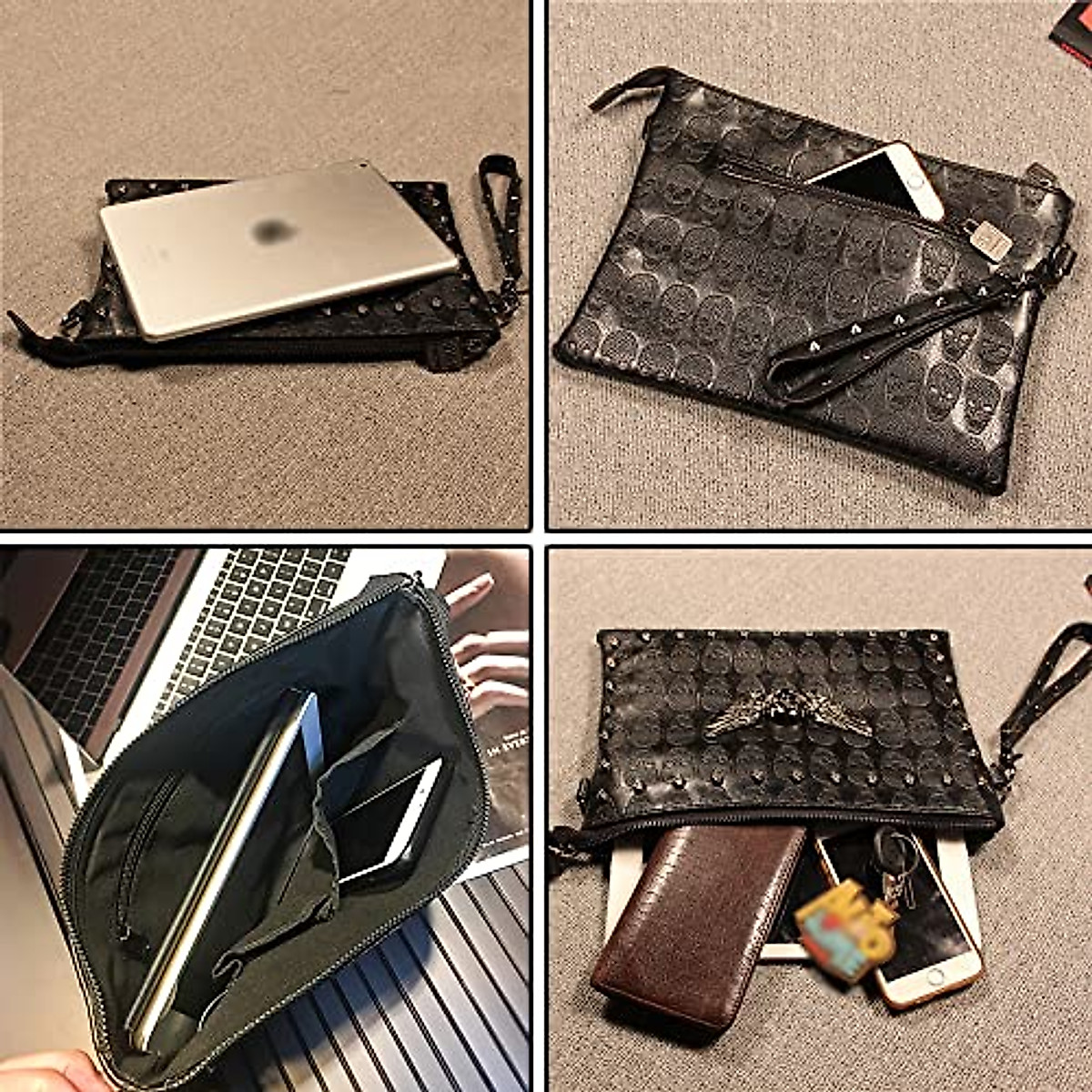 Downupdown Men&Women Clutch Skull Rivet Purse Punk Clutch Handbags Wallet with Shoulder Strap Messenger Bag Party Purse Phone Bag