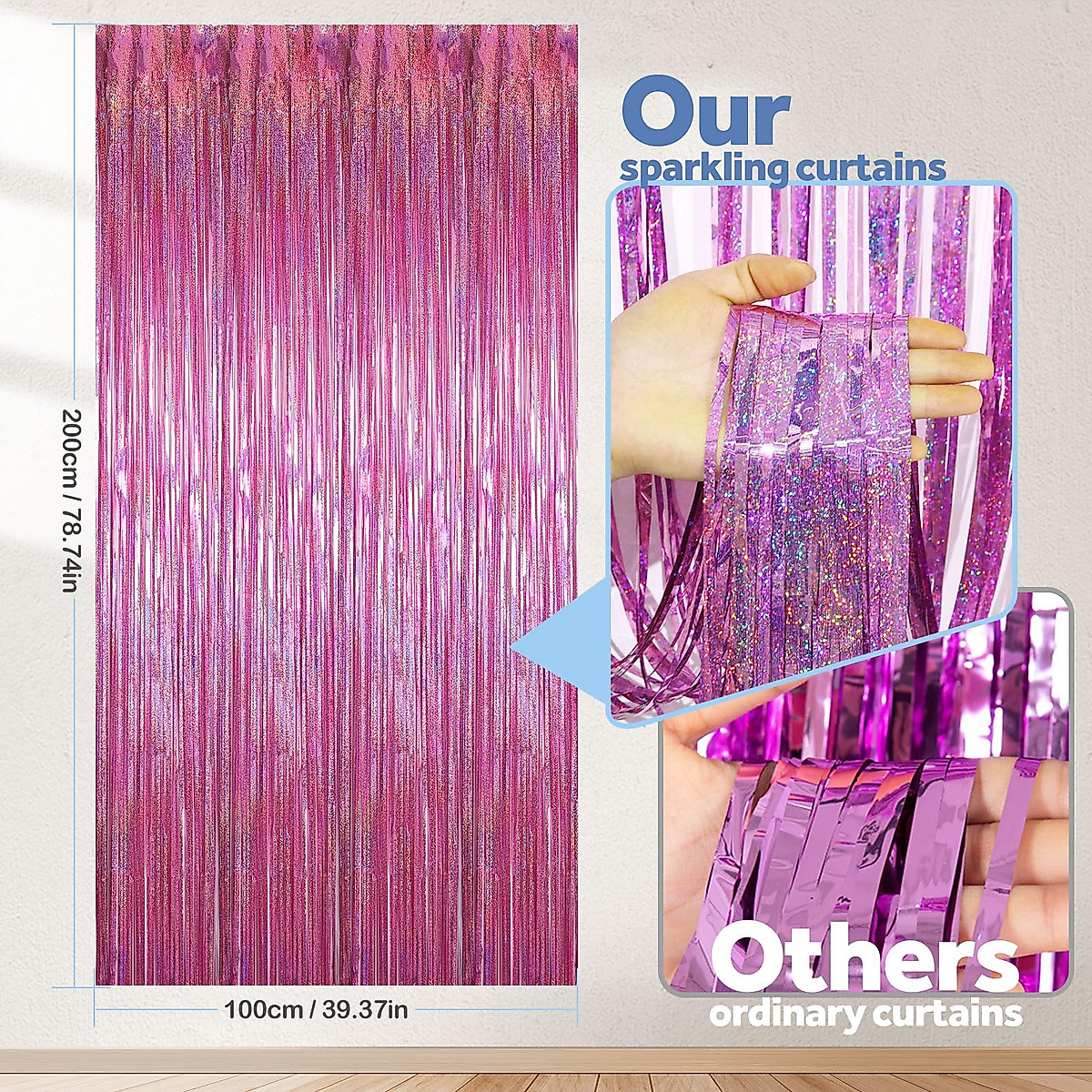 WD&CD Pink Tinsel Foil Curtains, 3 Pack 3.3x6.6 ft Pink Streamers Glitter Foil Fringe for Party Decoration, Birthday Decoration, Wedding Decoration, Graduation Decoration, Baby Shower Decoration