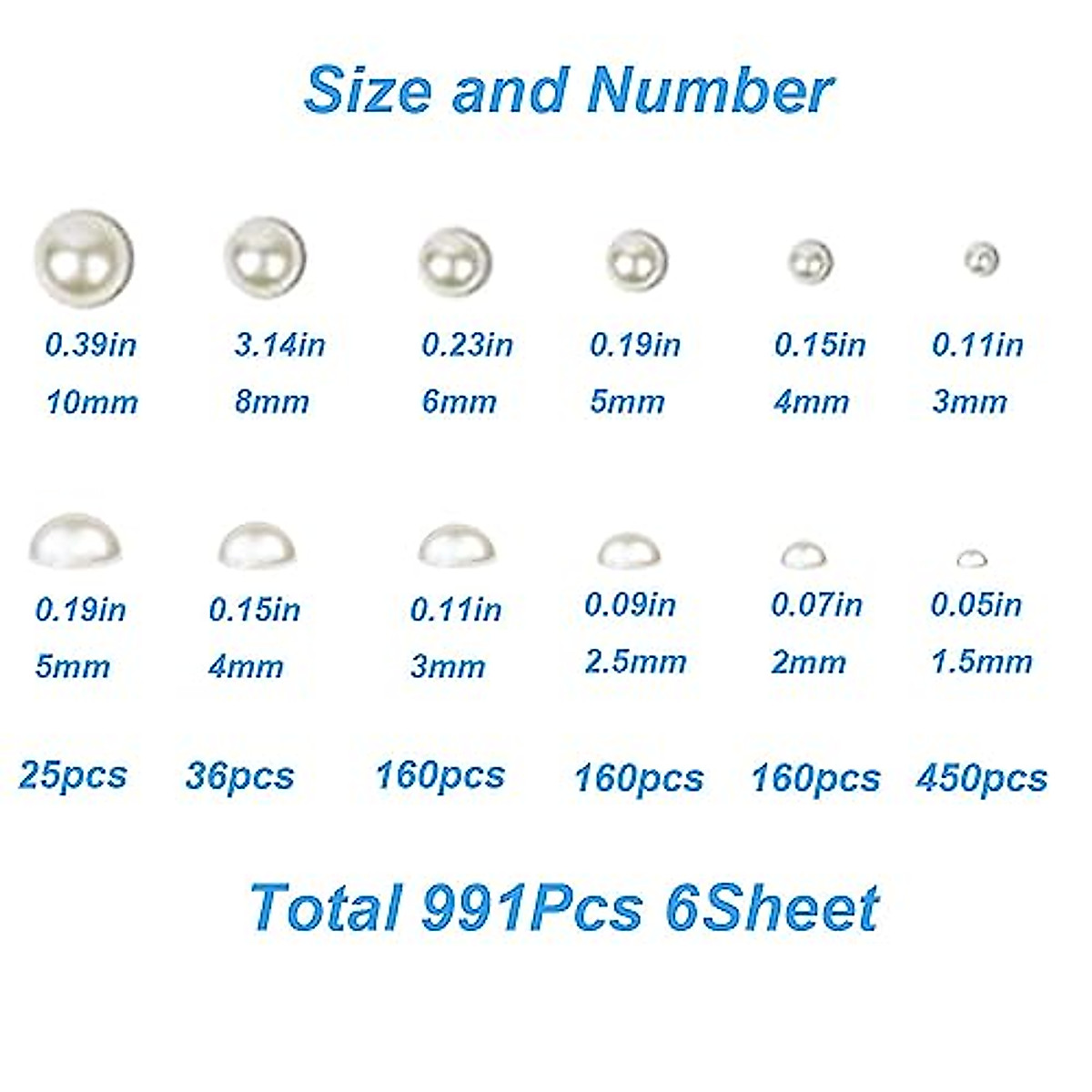 KoZiHog 990 Pcs Self Adhesive Pearl Stickers,Peals Gems for Hair, Makeup, Face Eye, Nail,DIY Craft Crafts Decor Pearl 6 Sheet, 6 Size