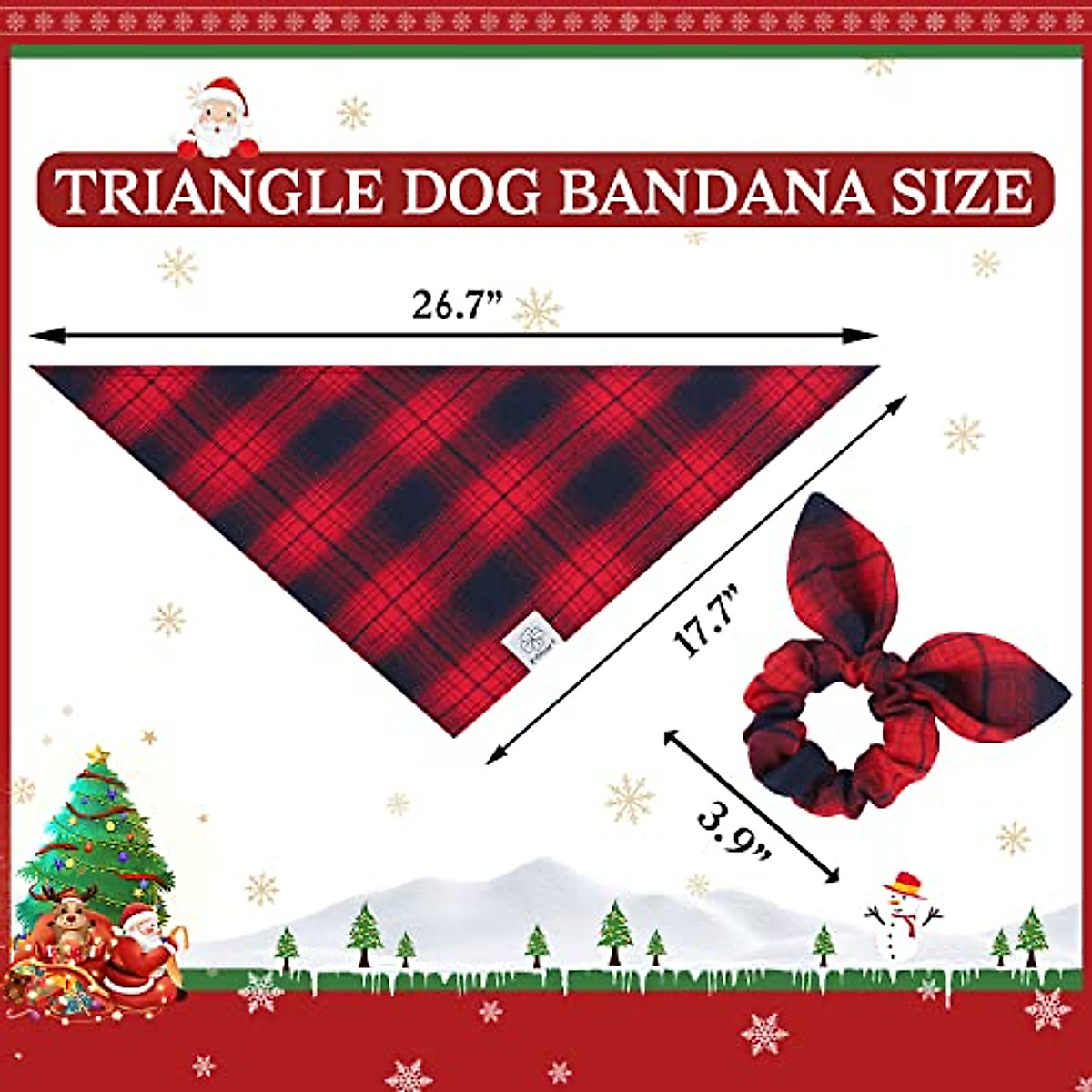 Christmas Dog Bandanas & Matching Scrunchie Set Plaid Dog Bandana Scarf Bibs with Bow Hair Ties for Pet Owner & Medium Large Dogs Red