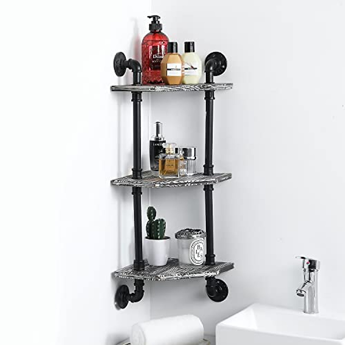 MyGift Wall Mounted 3 Tier Rustic Torched Solid Wood Corner Shelf Unit, Hanging Display Bathroom Shelves with Industrial Metal Pipe Frame