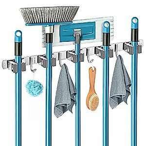 Broom Mop Holder Wall Mount - 5 Racks 4 Hooks Broom Organizer Wall Mount, Tool Racks, Stainless Steel Heavy Duty Hooks Self Adhesive Solid Non-slip for Home Kitchen Garden Laundry Garage