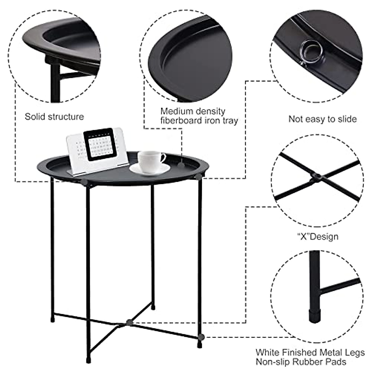 Garden 4 you Folding Tray Metal Side Table Black Round End Table Cyan Sofa Small Accent Fold-able Table, Round End Table Tray, Next to Sofa Table, Snack Table for Living Room and Bed Room