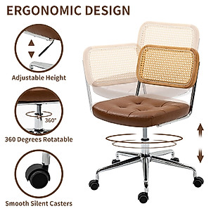 Newnno Armless Home Office Chair with Wheels, Modern Leather Desk Chair with Rattan Back for Office Study, Adjustable Upholstered Tufted Swivel Computer Task Chair, Brown
