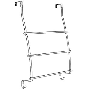 mDesign Adjustable Metal Over Door Towel Rack Holder for Shower and Bath, 3 Tier Rod Hanger with 2 Hooks for Bathroom - Hang Towel, Blanket, Washcloths, Loofahs, Sponges on Back of Door - Chrome