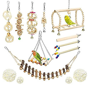 Allazone 14 PCS Bird Parrot Toys, Bird Perch Toys Hanging Bell Pet Bird Cage Hammock Swing Toy Wooden Chewing Toy for Conures, Love Birds, Small Parakeets Cockatiels, Macaws