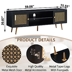 JYED DECOR Mid Century Modern TV Stand for 65 inch TV, Entertainment Center with Storage, Metal Mesh Decorated Cabinet Doors for Living Room, Black
