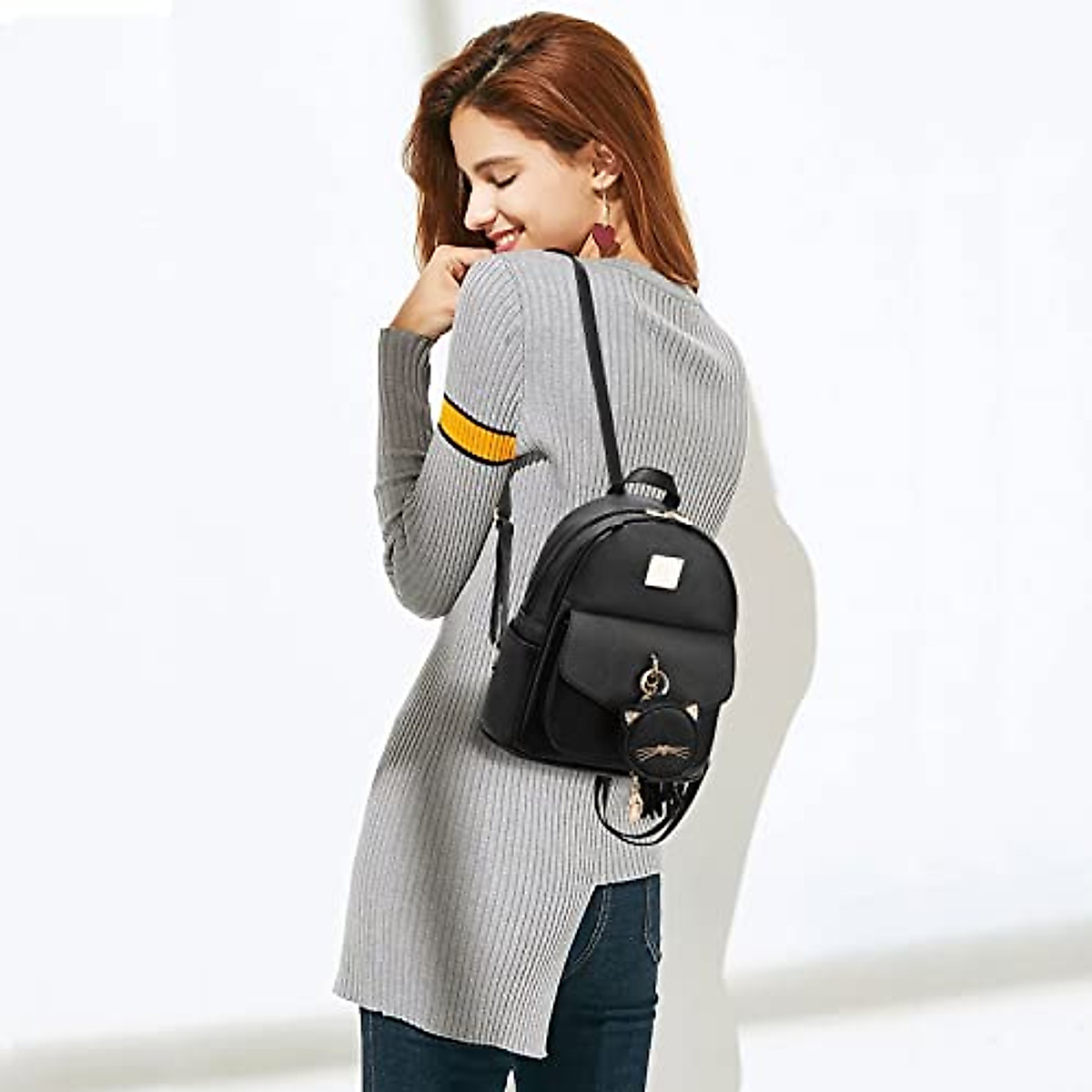 BESYIGA Girls Small Kitty Backpack 3 PCS Leather Backpack Purse for Women Travel Bag Kids Backpack Mini Backpack for Girls