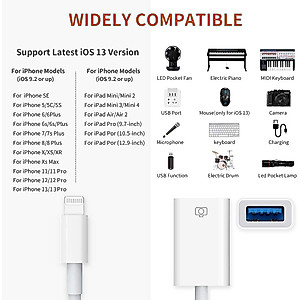 Lightning to USB Camera Adapter Apple MFi Certified Lightning Female USB 3.0 OTG Cable Adapter Compatible with iPhone/iPad, Supports Connect Camera, Card Reader, USB Flash Drive, MIDI Keyboard, Mouse