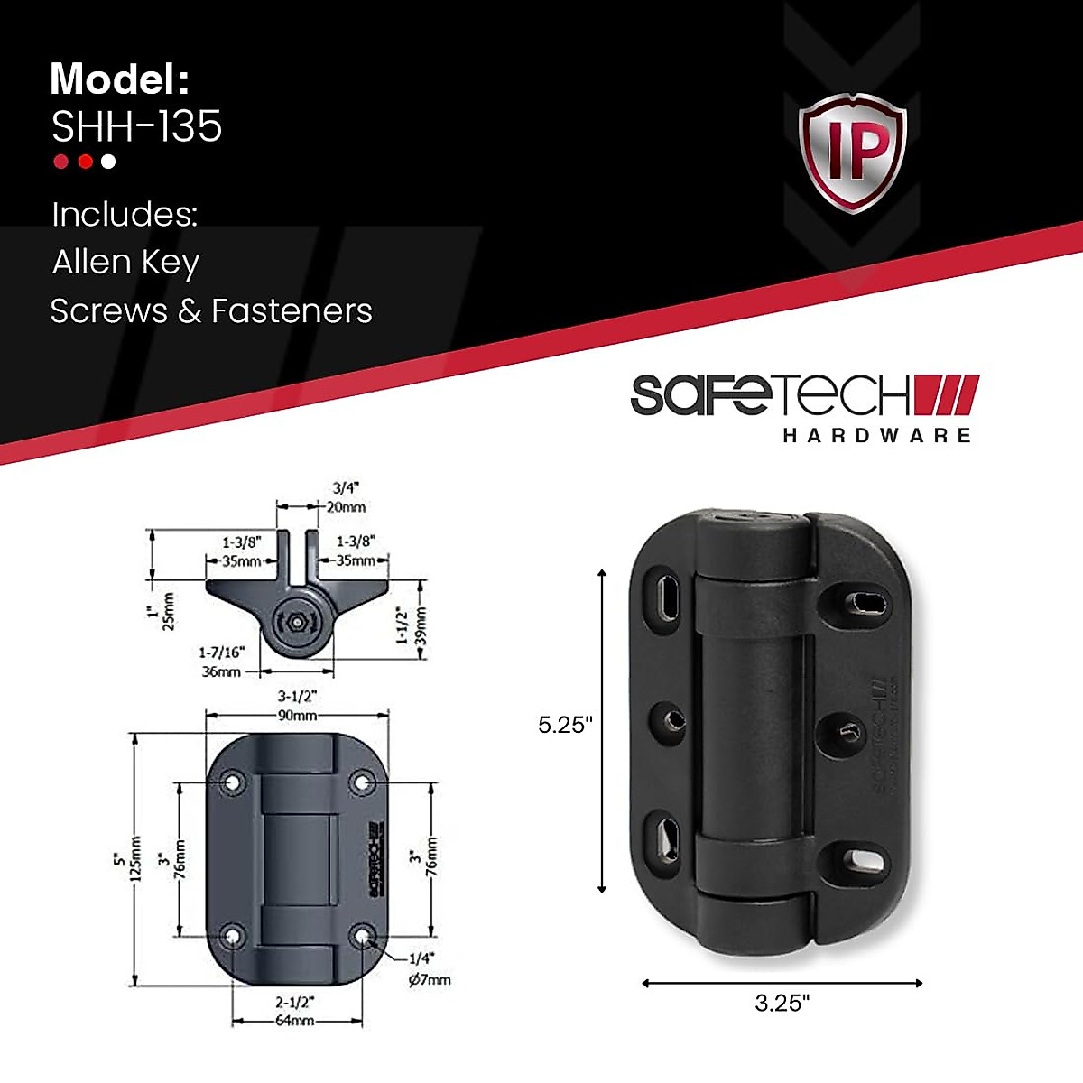 Safetech Hardware MegaKlik Self Closing Gate Hinges | Self-Aligning Heavy Duty Spring Hinges | Adjustable Tension | Pool safety Hinge | Square Post, Aluminum Gates | Swing Close 185 lbs SHH135 - Black