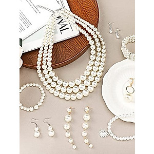 8 Pcs Pearl Necklace Earrings Set for Women, Includes Simulated Pearl Bracelet Faux Pearl Necklace Dangle Earrings (Bright Style)