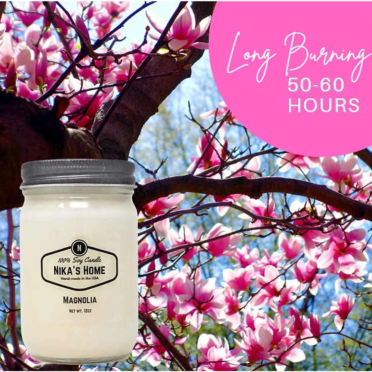 Nika's Home Magnolia Soy Candle 12oz Mason Jar Non-Toxic White Soy Handmade, Long Burning 50-60 Hours Highly Scented All Natural, Clean Burning Large Candle Gift Décor