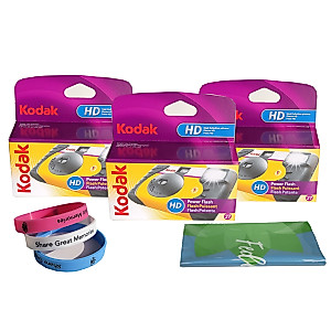 Kodak Power Flash Disposable Single Use Camera 800 ISO 35mm with Flash 27 Exposures (Multi Pack) Plus Bonus Silicone Wrist Band and a Microfiber Cleaning Cloth (3 Pack)