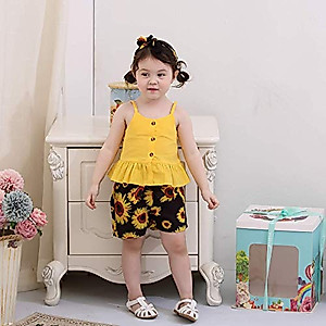 Kucnuzki Toddler Baby Girl Clothes Summer Outfits Ruffle Sleeveless Linen Shirt Kid Short Set for Girl (18-24 Months, Yellow+Black)