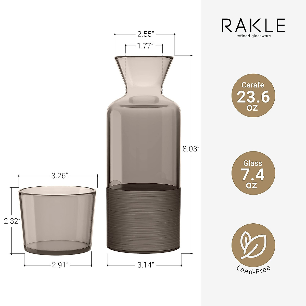 Rakle Bedside Water Carafe – 23.6oz Water Carafe and Glass – Black Colored Glass Water Pitcher for Nightstand, Bedroom, Bathroom – Glass Water Carafe/Mouthwash Container for Water, Lemonade, Juice