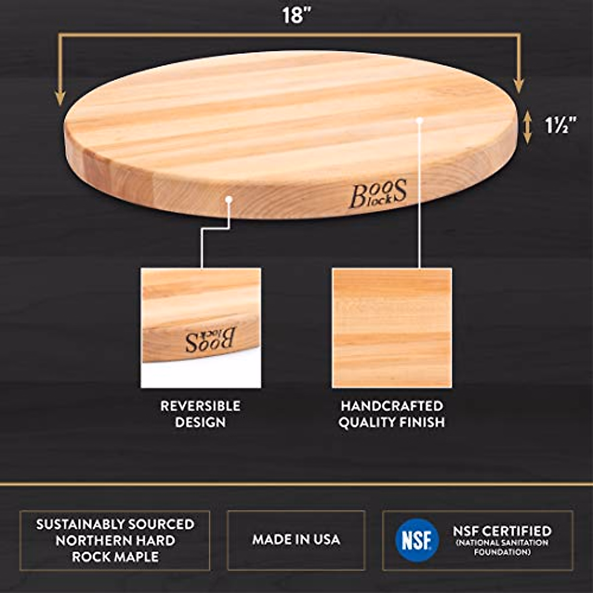 John Boos Block R18 Maple Wood Edge Grain Reversible Round Cutting Board, 18 Inches Round x 1.5 Inches