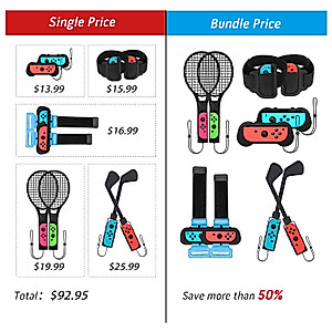 Nargos 2023 Switch Sports Accessories Bundle 10 in 1 Kit for Switch & Switch OLED: Joy Con Grips for Instant Sports, Mario Golf Super Rush, Mario Tennis Ace, and Just Dance, Gift for Kids
