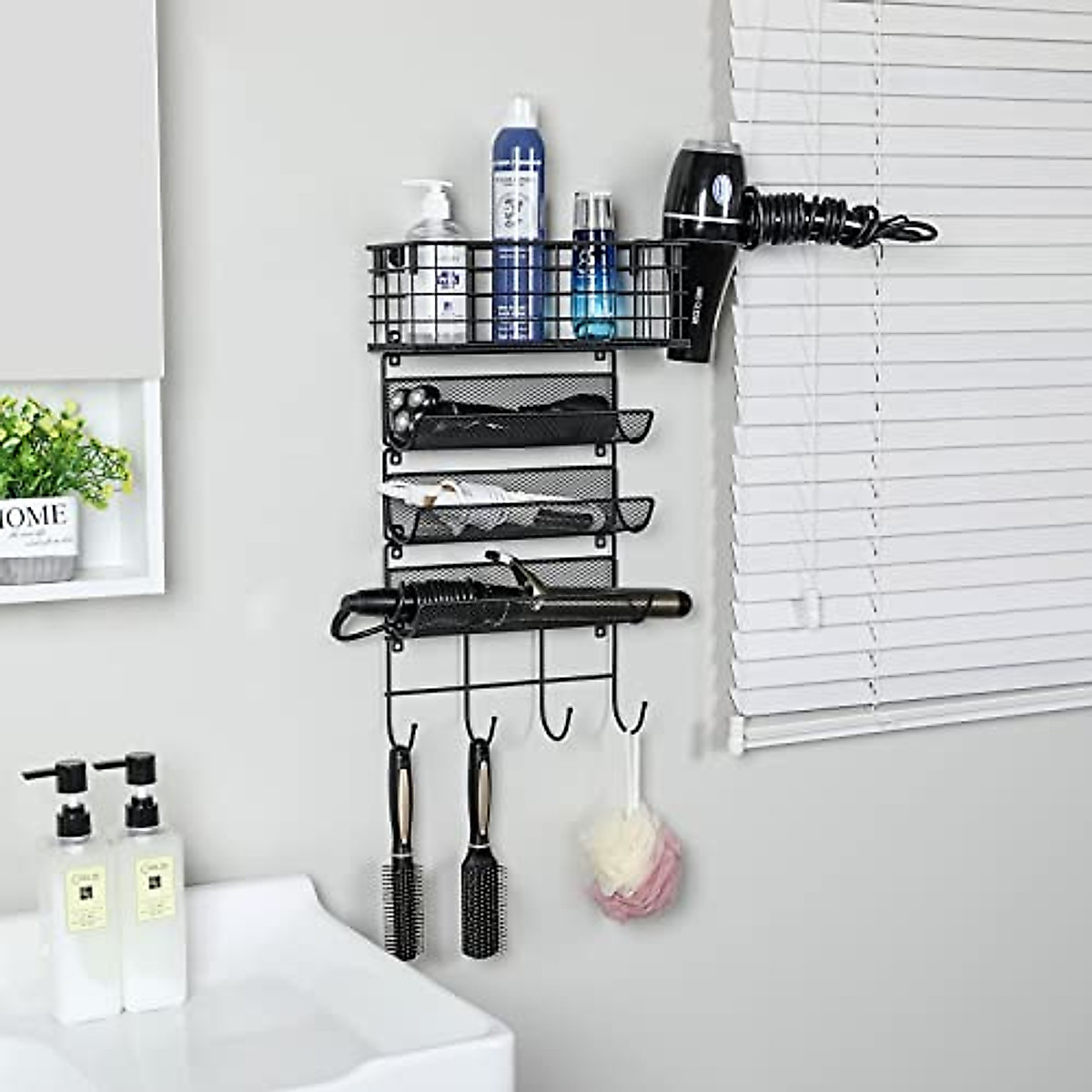 Wall-Mounted Hair Dryer Holder Styling Tool Organizer 4-Shelf Storage Wire Basket with Hook Heat Safe Rack for Hair Straighteners,Curling Wands,Flat Iron,Perfume,Cabinet Door Bathroom Kitchen