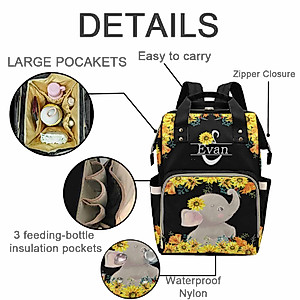Custom Sunflower Elephant Diaper Bag Backpack for Baby Girl Boy, Personalized Name Black Large Nappy Nursing Orangizer Mommy Bags, Waterproof Travel Daypack for Dad Mom Gifts
