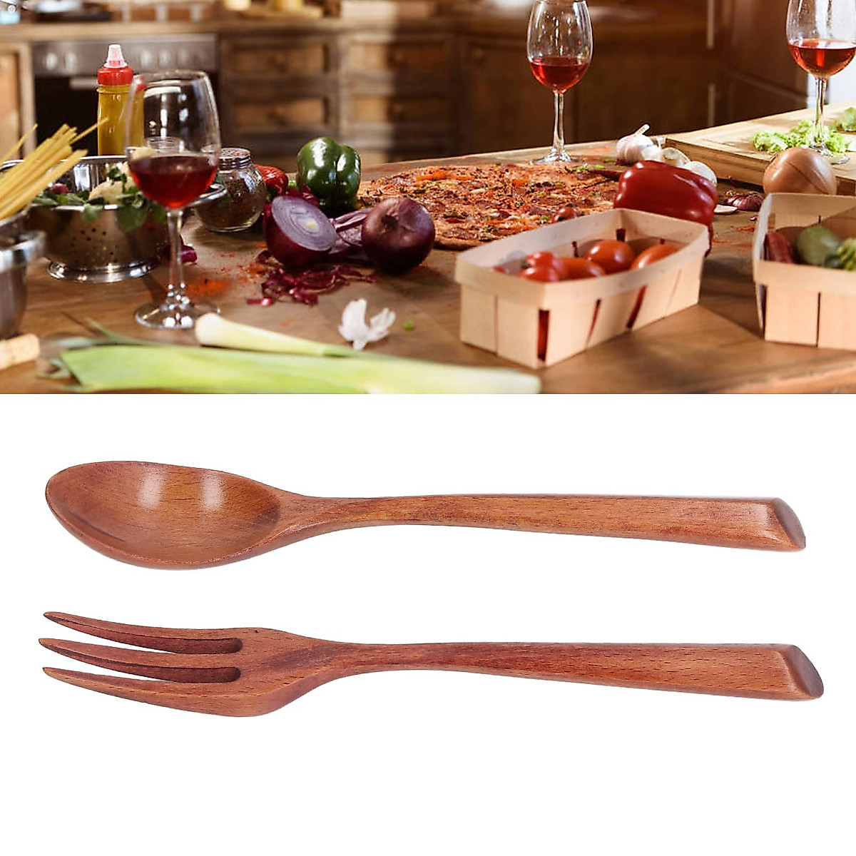 Wooden Fork Spoon Set Large Lacquered Wood Spoon Fork Tableware Dinnerware 2Pcs Triangular Handle Cooking Tableware