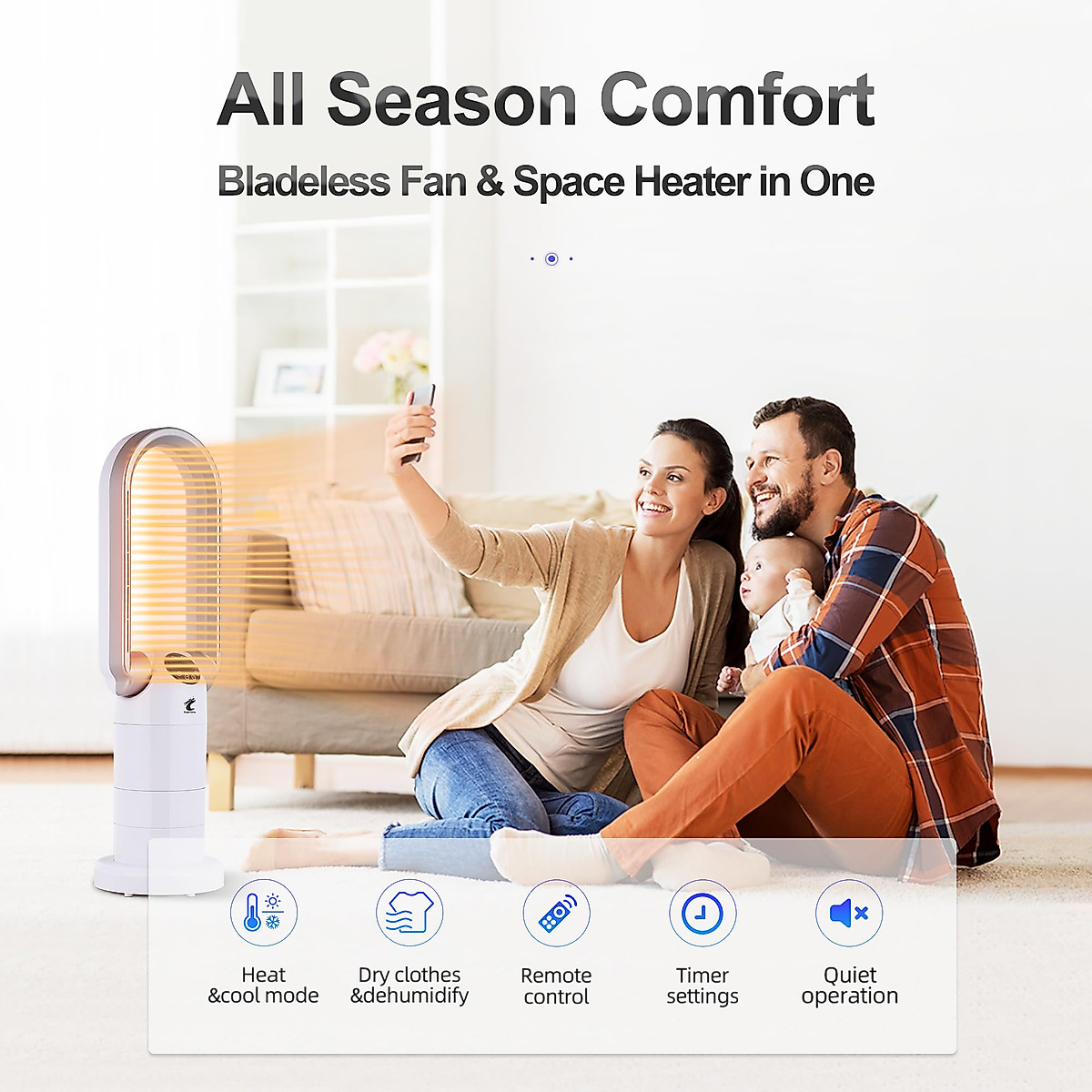 Ocean Loong 1500W Space Heater & Bladeless Tower Fan for Bedroom Home Office, Eco Ceramic Heater with Adjustable Thermostat, 120°Oscillating & Tilt Head, Remote, Timer, Table Fan AB01H (White)