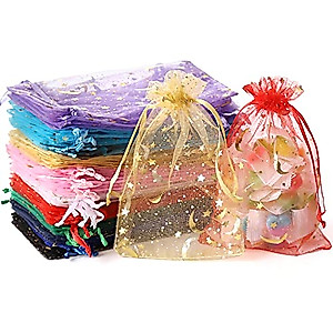 100PCS Moon Star Organza Bags, 4x6" Wedding Favors Bags with Drawstring, Mixed Color Little Mesh Gift Pouches Candy Organza Gift Bags for Party, Jewelry, Christmas, Festival, Eid Mubarak Party Favor Bags