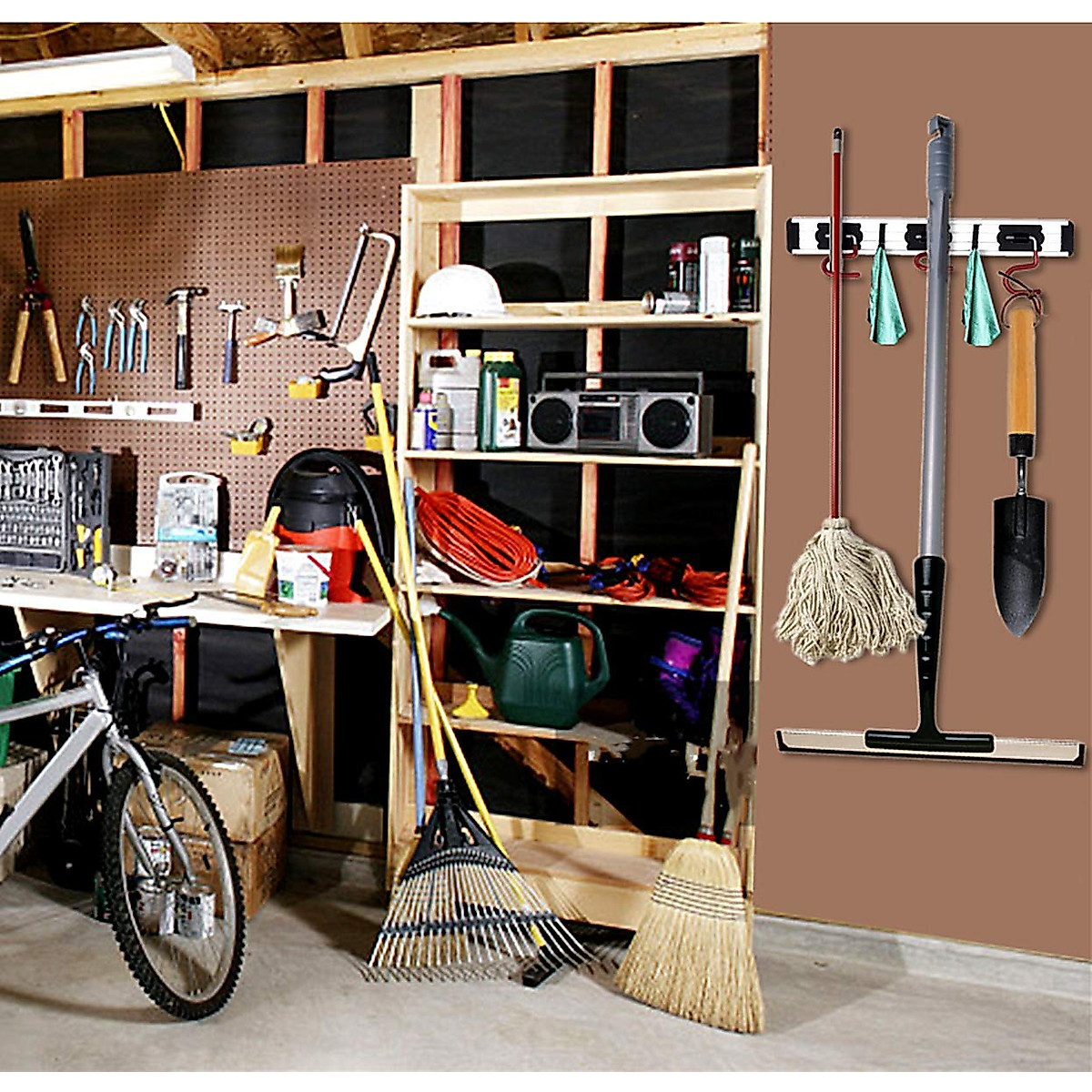 Mop Broom Holder Wall Mount QBOSO Aluminum Metal S Type Cleaning Tool Organizer Hanger Rack for Kitchen Garage Garden Holds Up to 5 Tools 17 In (3 Positions 2 Hooks Red black)