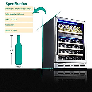 Kalamera 24'' Wine Cooler Refrigerator 46 Bottle Dual Zone Built-in or Freestanding Fridge with Stainless Steel & Triple-Layer Tempered Reversible Glass Door and Temperature Memory Function