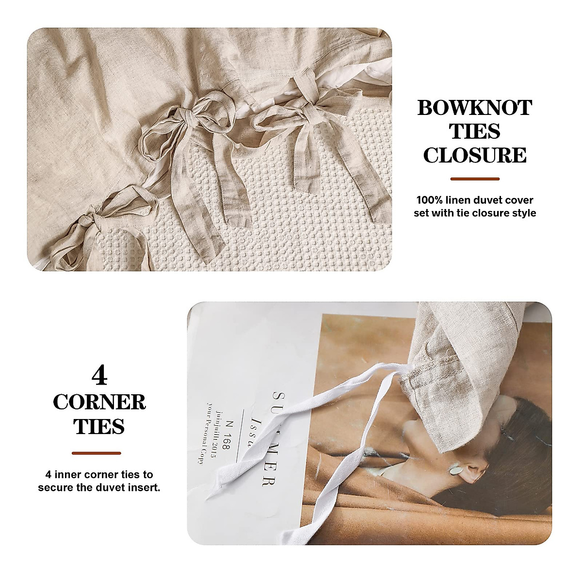 Simple&Opulence 100% Linen Duvet Cover Set, 3 Pieces Belgian Flax Breathable Bedding, King Size 104''x92'' (1 Comforter Cover+2 Pillowshams) with Tie Closure Style,Linen