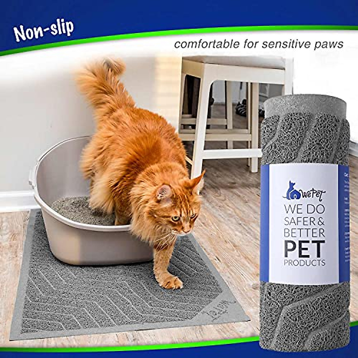 WePet Cat Litter Box Mat, Kitty Premium PVC Pad, Durable Trapping Rug, Phthalate Free, Urine-Resistant, Scatter Control, L 35 x 23, Grey