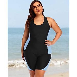 Daci Women's Plus Size Tankini Swimsuit - Two Piece Rash Guard with Capris Shorts and Athletic Racerback Bathing Suit Light Blue 22 Plus