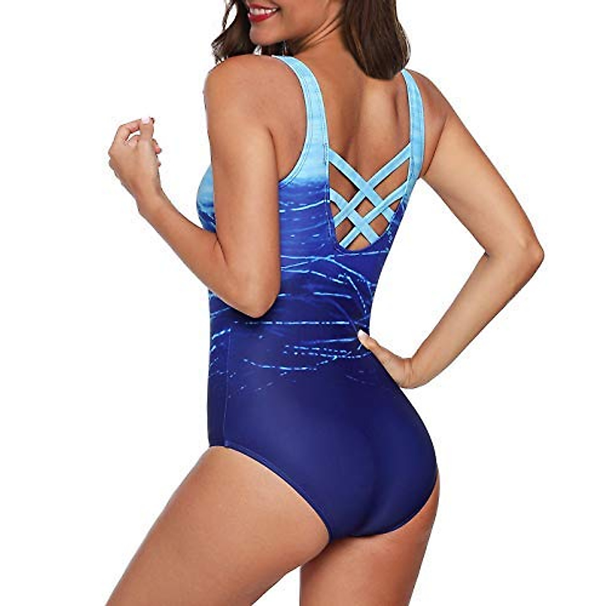 American Trends Women's One Piece Color Block Print Criss Cross Back Athletic Modest Swimsuit, B Blue, 12-14