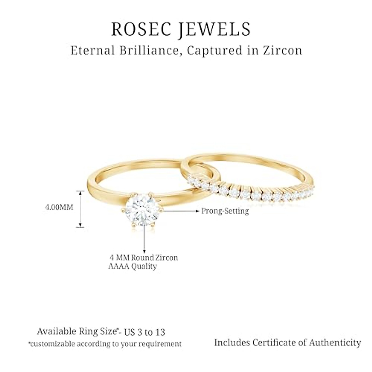 Rosec Jewels - Simple Round Shape Cubic Zirconia Solitaire Ring Set in Gold for Women (1/2 Carat Cubic Zirconia), 10K Yellow Gold, Size:US 4.50