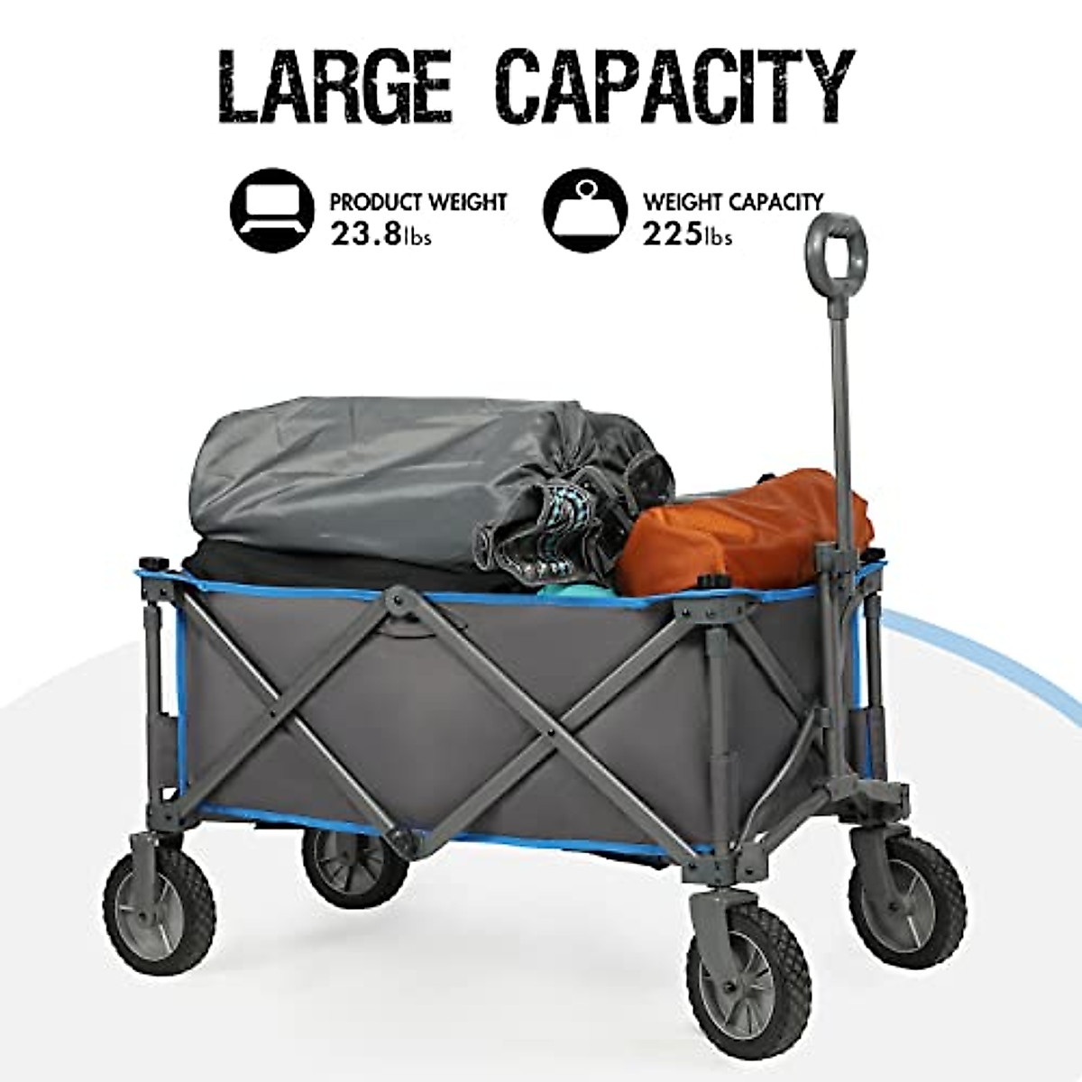 PORTAL Collapsible Folding Utility Wagon Cart Heavy Duty Foldable Outdoor Garden Camping Cart with Removable Fabric, Grey/Blue