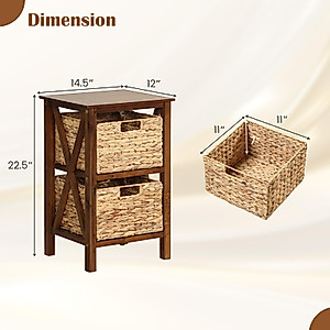 Giantex 2-Tier Nightstand with 2 Wicker Baskets, Wooden X-Design Side Table End Table, Beside Table with Acacia Wood Legs, Mid Century Accent Storage Cabinet for Small Spaces, Bedroom, Walnut