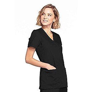 Women's Mock Wrap Top Workwear Originals with Rib-Knit Back Panels WW650, M, Black