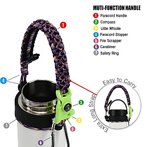 QeeCord Paracord Handle Compatible with Hydro Flask 2.0 Wide Mouth Water Bottle Carrier with New Ring and Carabiner, 12oz, 16oz,18oz, 32oz, 40oz, 64oz (32 oz-40 oz Wide Mouth, Camo Purple)