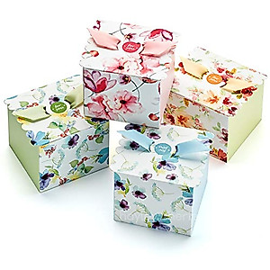 Hayley Cherie - Floral Gift Treat Boxes with Ribbons & Lids (20 Pack) - Thick 350gsm Card - 4" x 4" x 3.2" Inches - for Favors, Baby Showers, Christmas, Bridesmaids, Parties, Birthdays, Weddings