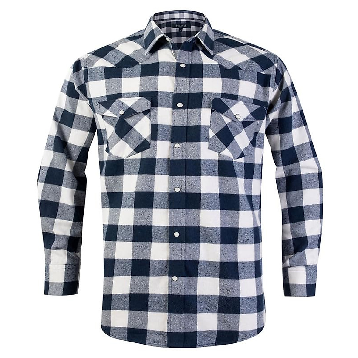 Snap Buttons Flannel Shirts for Men Regular Fit Mens Long Sleeve Shirt,Navy White MFL009,Large