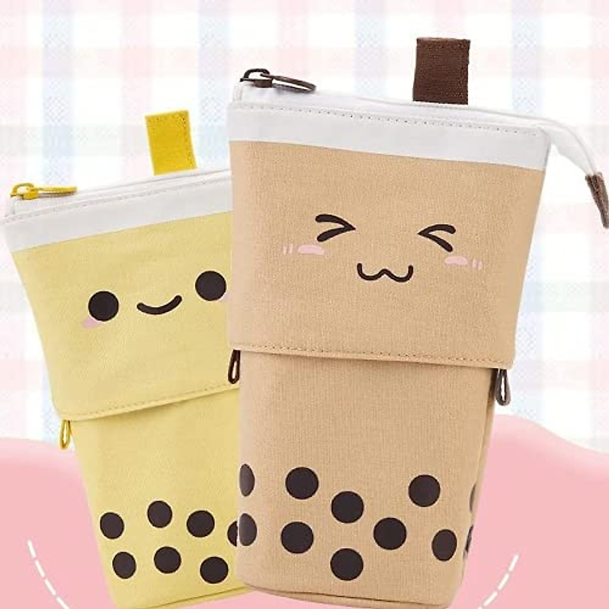 Cute Pencil Case Kawaii Standing Pen Holder Bubble Tea Boba Milktea Pop Up Back to School Supplies Stationery Organizer Bag with Smile Face Cosmetics Pouch Makeup Bag for Kids Students Teens (Pink)