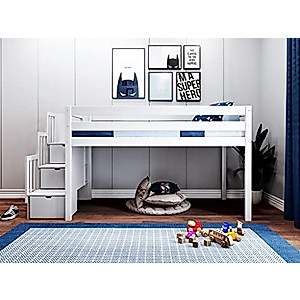 JACKPOT! Contemporary Low Loft Twin Bed with Stairway, Loft Bed, White