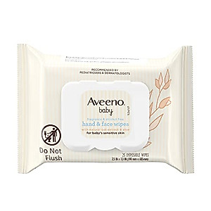 Aveeno Baby Fragrance Free Hand & Face Wipes with Oat Extract & Aloe, Cleansing & Moisturizing Baby Wipes for Sensitive Skin, Sulfate-, Alcohol-, & Paraben-Free, Hypoallergenic, 25 ct