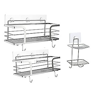 ProttyLife Shower Caddy, Shower Caddy Basket Shelf with Soap Holder,Adhesive Shower Organizer with Hooks,No Drilling SUS304 Rustproof Bathroom Shower Storage Organizer,Shower Shelves(Sliver)