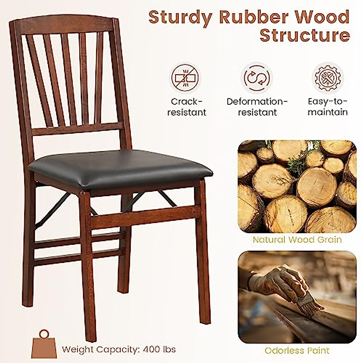 Giantex Folding Dining Chairs Set of 2, Foldable Wood Kitchen Chairs with Padded Seat, Solid Wood Frame, Max Load 400 Lbs, No Assembly Easy to Store Wooden Dining Chairs for Apartment, Small Space