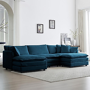 Suheww 111.5" Oversized U-Shaped Modular Sectional Sofa Couch for Living Room, Modern Soft Chenille Large Cloud Couch, Comfy Deep Seat with Chaise & Movable Ottoman (Blue, U-Shaped 3 Seat)