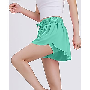 JOCMIC Girls Flowy Shorts, 2 in 1 Youth Butterfly Shorts with Spandex Liner for Fitness Running Athletic Tennis 8 Years Deep Green